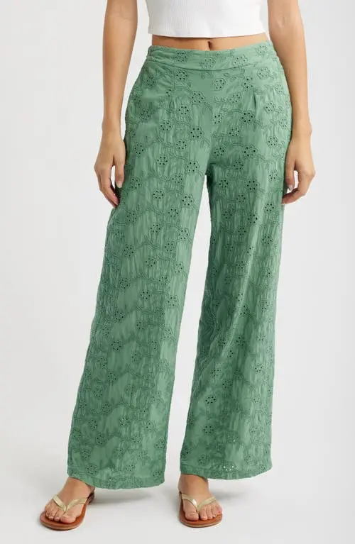 Deluc Cotton Eyelet Wide Leg Pants - Green