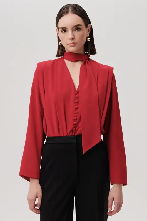 EXQUISE Draped Long Sleeve Bodysuit - Red