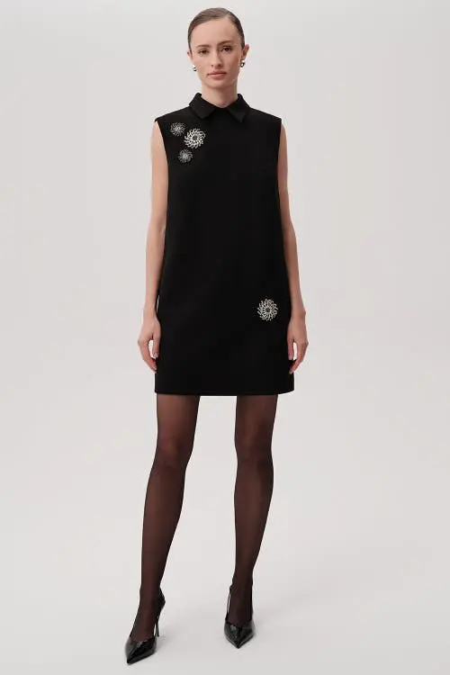 EXQUISE Sleeveless Shirt Collar Dress - Black