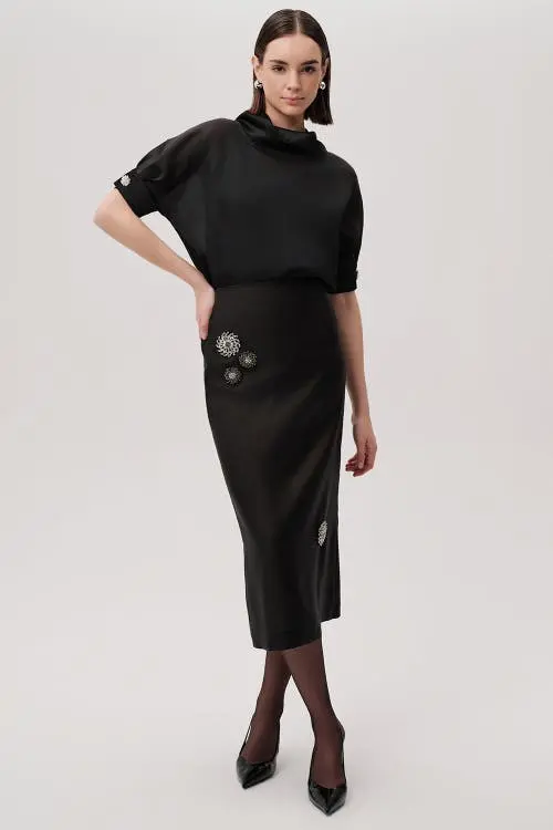 EXQUISE Embellished Button Straight Midi Skirt - Black