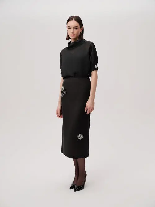 EXQUISE Embellished Button Straight Midi Skirt