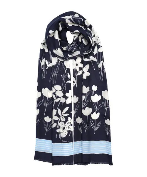 Echo Scribble Floral Silk Oblong - Navy
