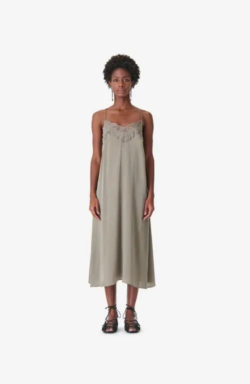 IRO PARIS Bailar" Silk Midi Slip Dress With Lace Inset - Olive Green