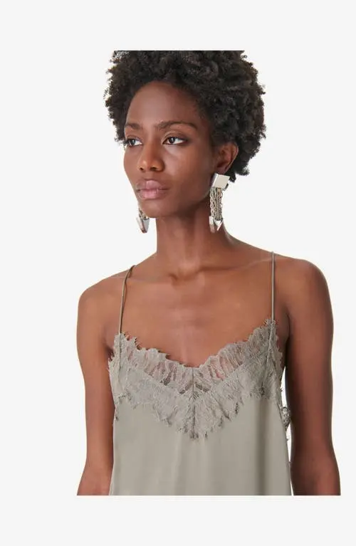 IRO PARIS Bailar" Silk Midi Slip Dress With Lace Inset - Olive Green