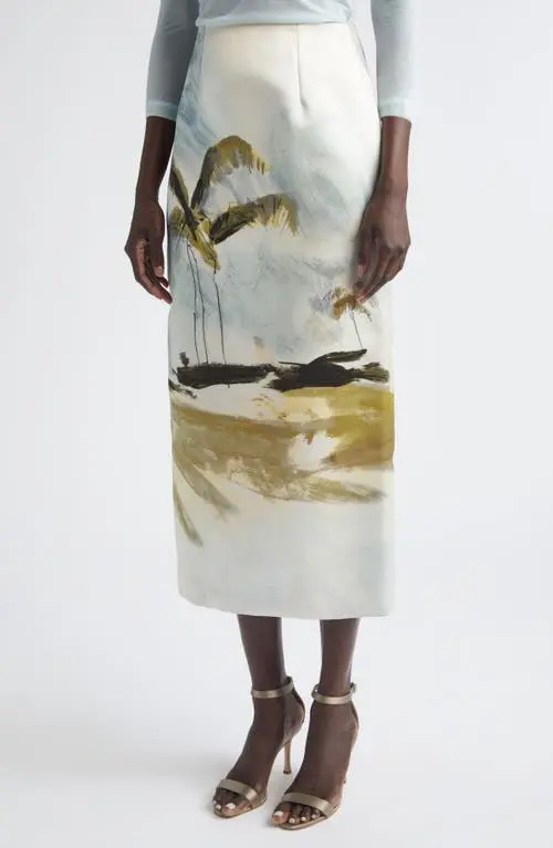 Oscar De La Renta Dominican Landscape Satin Pencil Skirt