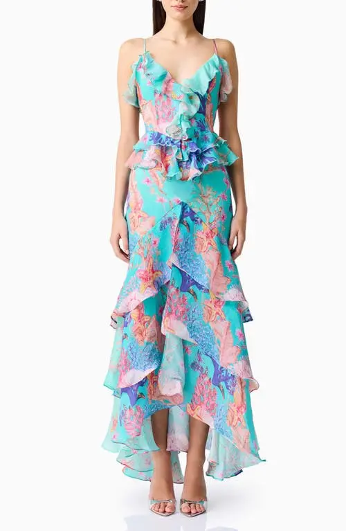 ELLIATT Coral Print Tiered High-low Gown - Blue Multi