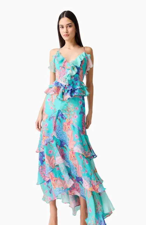 ELLIATT Coral Print Tiered High-low Gown