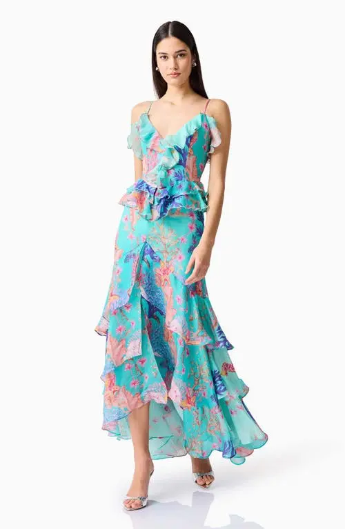 ELLIATT Coral Print Tiered High-low Gown
