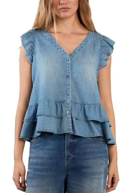 HINT OF BLU Ruffled V-neck Button-up Top