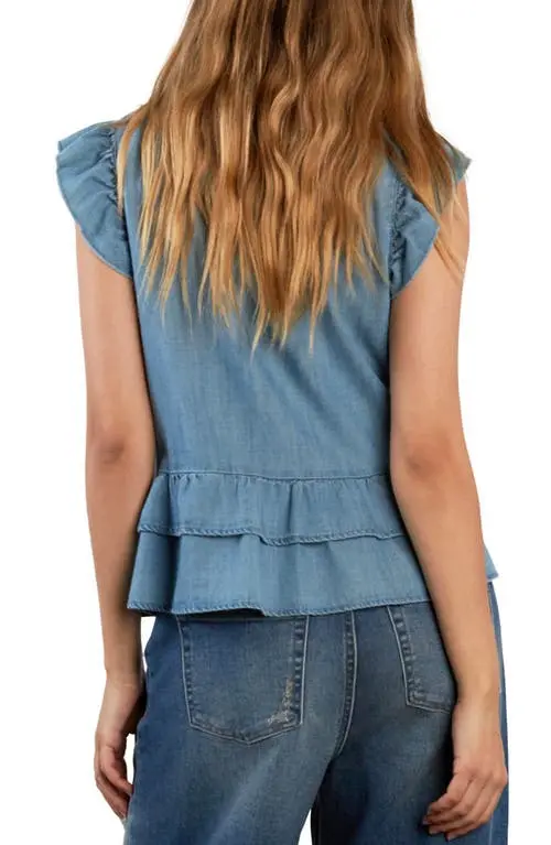 HINT OF BLU Ruffled V-neck Button-up Top