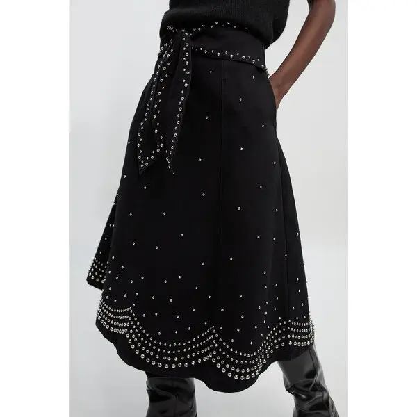 Karen Millen Studded Tie Belt Midi Skirt - Black