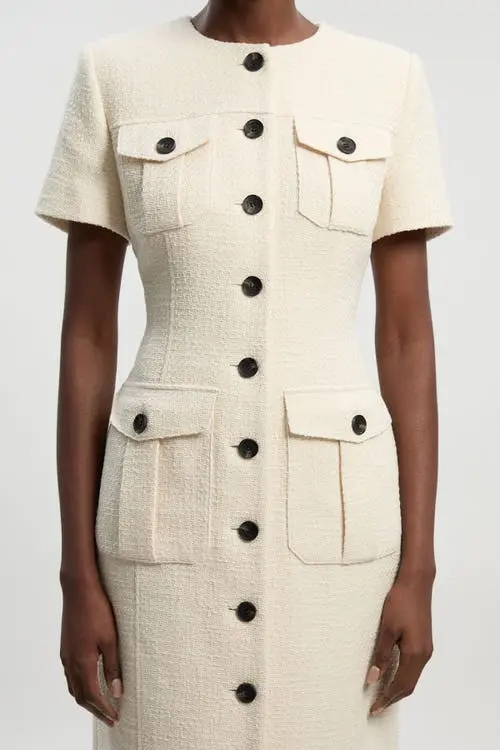 Karen Millen Textured Tweed Button-up Midi Dress - Cream