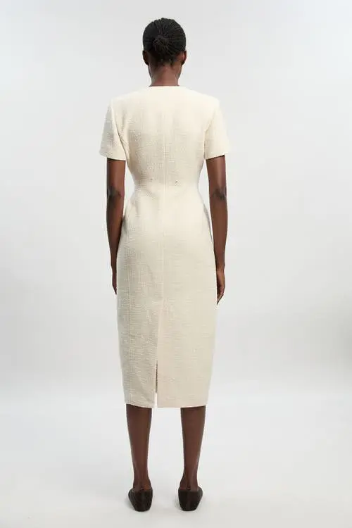 Karen Millen Textured Tweed Button-up Midi Dress - Cream