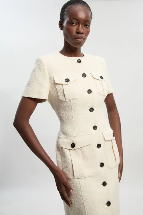 Karen Millen Textured Tweed Button-up Midi Dress - Cream