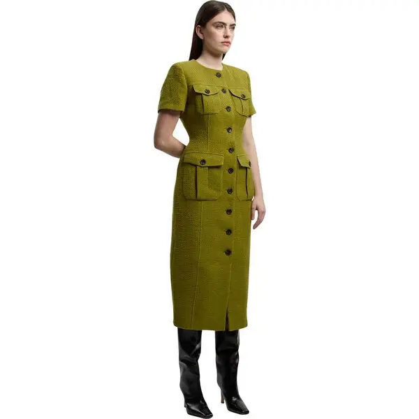 Karen Millen Textured Tweed Button-up Midi Dress - Olive