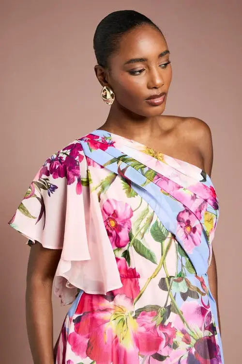 Coast Floral One-shoulder Flutter Sleeve Midi Dress