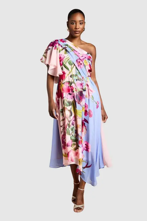 Coast Floral One-shoulder Flutter Sleeve Midi Dress - Light Blue