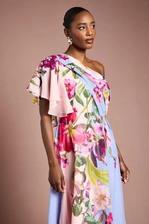 Coast Floral One-shoulder Flutter Sleeve Midi Dress