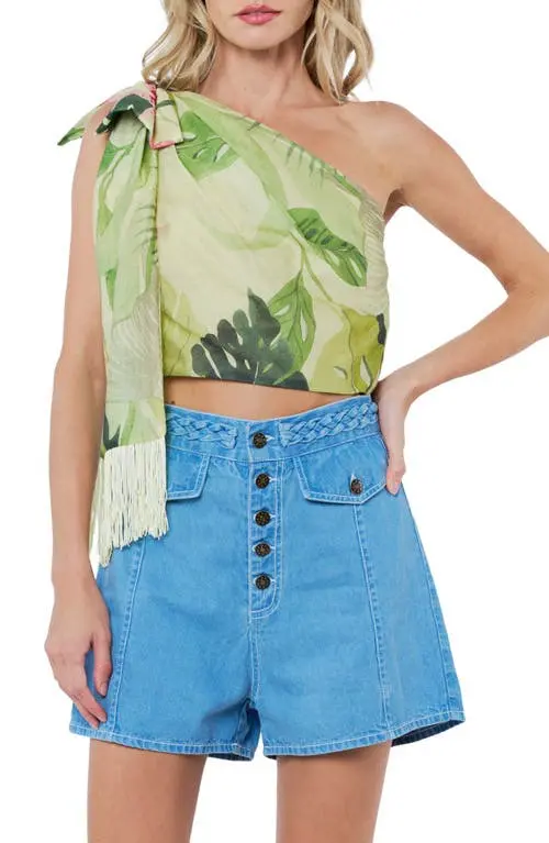 CIEBON Elsy Floral Print Asymmetric Crop Top - Citron Multi