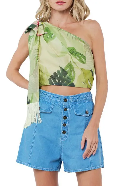 CIEBON Elsy Asymmetric Tropical Print Crop Top