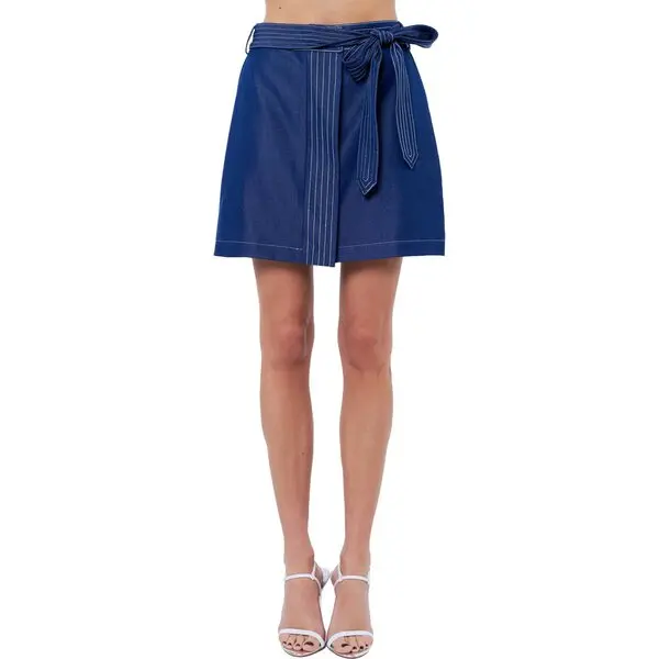CIEBON Belted Miniskirt With Contrast Stitching - Medium Blue