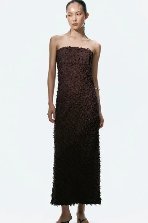 H&m Strapless Maxi Dress With Frayed Seams
