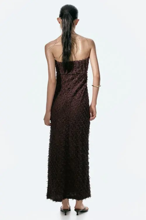 H&m Strapless Maxi Dress With Frayed Seams