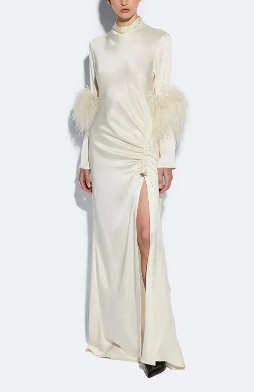 Lapointe Doubleface Satin Bias Tab Slit Gown With Ostrich Feathers - Cream