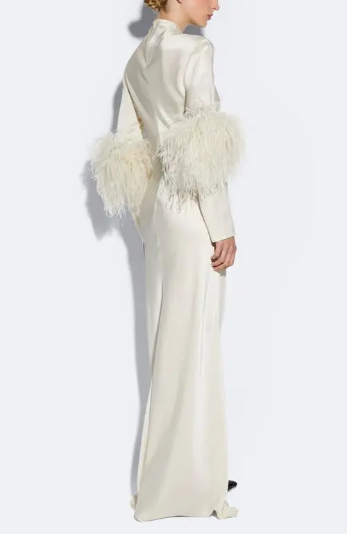 Lapointe Doubleface Satin Bias Tab Slit Gown With Ostrich Feathers