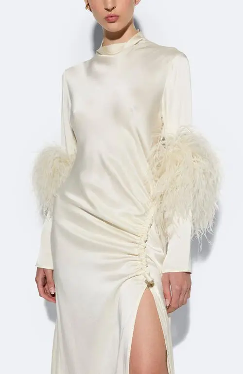 Lapointe Doubleface Satin Bias Tab Slit Gown With Ostrich Feathers