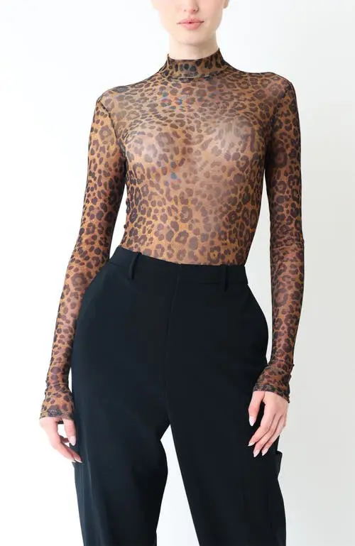 Lapointe Printed Mesh Mock Neck Bodysuit - Leopard