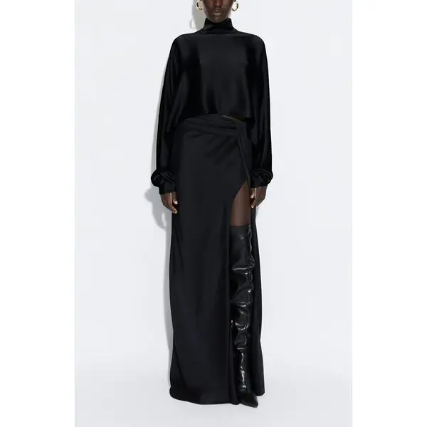 Lapointe Doubleface Satin Cropped Caftan Top - Black