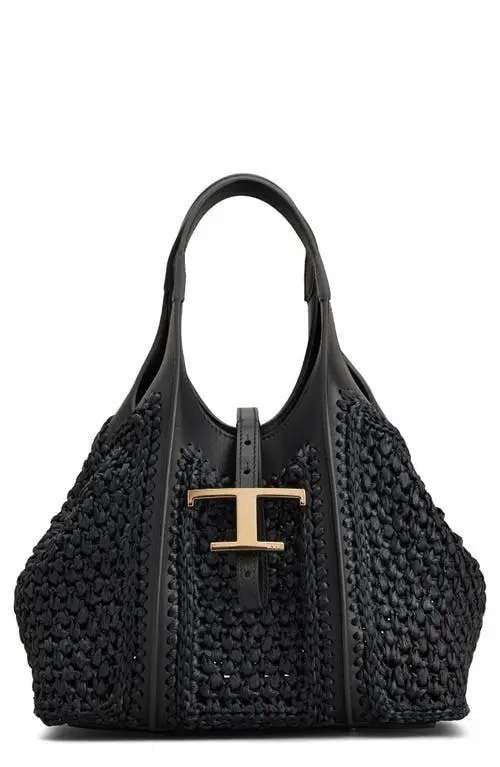TOD'S Mini T Timeless Crochet Raffia & Leather Shopping Bag - Nero