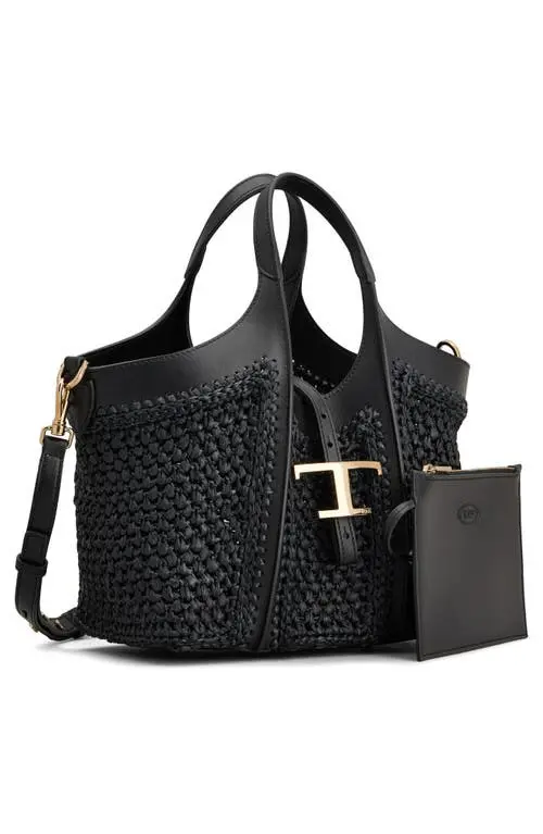 TOD'S Mini T Timeless Crochet Raffia & Leather Shopping Bag - Nero
