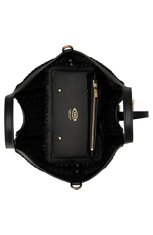 TOD'S Mini T Timeless Crochet Raffia & Leather Shopping Bag - Nero