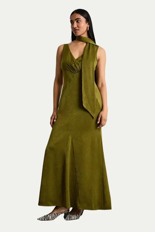 WAREHOUSE Maxi Dress With Scarf Detail - Olive