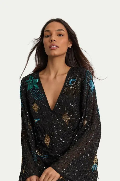WAREHOUSE Celestial Embellished Mini Dress With Bell Sleeves