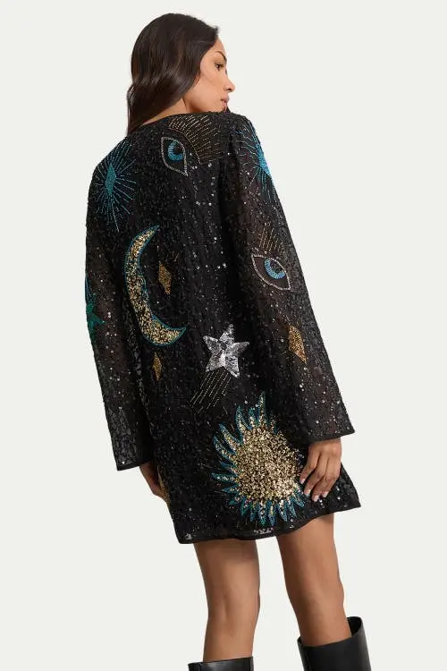 WAREHOUSE Celestial Embellished Mini Dress With Bell Sleeves