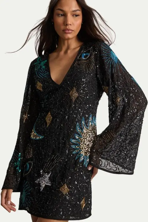 WAREHOUSE Celestial Embellished Mini Dress With Bell Sleeves - Black