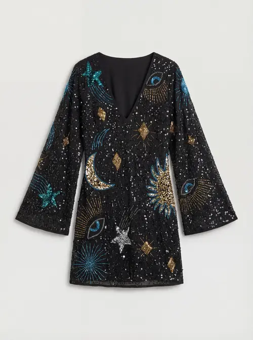 WAREHOUSE Celestial Embellished Mini Dress With Bell Sleeves