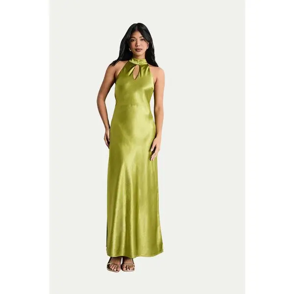 WAREHOUSE Satin Tie Neck Maxi Dress - Olive