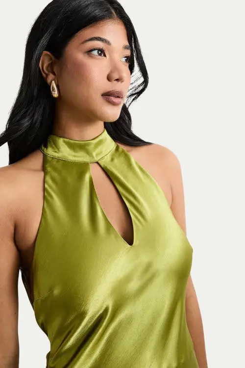 WAREHOUSE Satin Tie Neck Maxi Dress