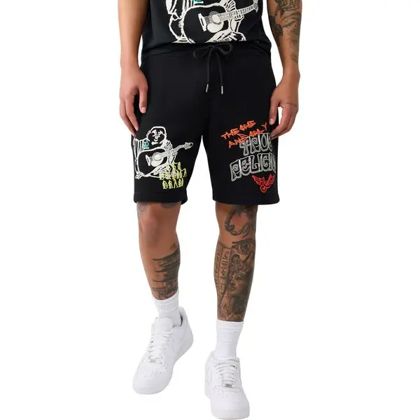 True Religion Fleece Sweat Shorts With Sketched Graphics - Jet Black