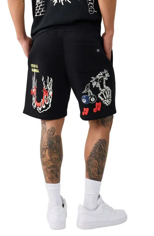 True Religion Fleece Sweat Shorts With Sketched Graphics - Jet Black