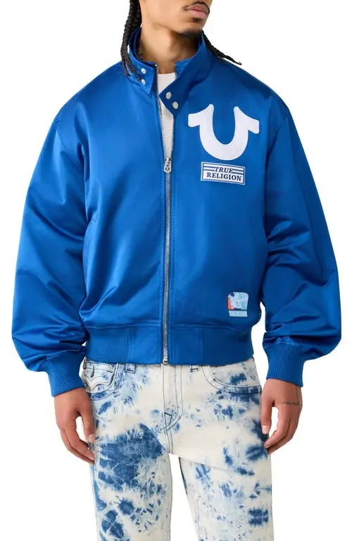 True Religion Logo Screenprint Bomber Jacket - Pacific Blue
