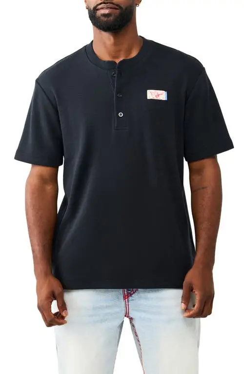 True Religion Buddha Cotton Graphic Henley - Jet Black