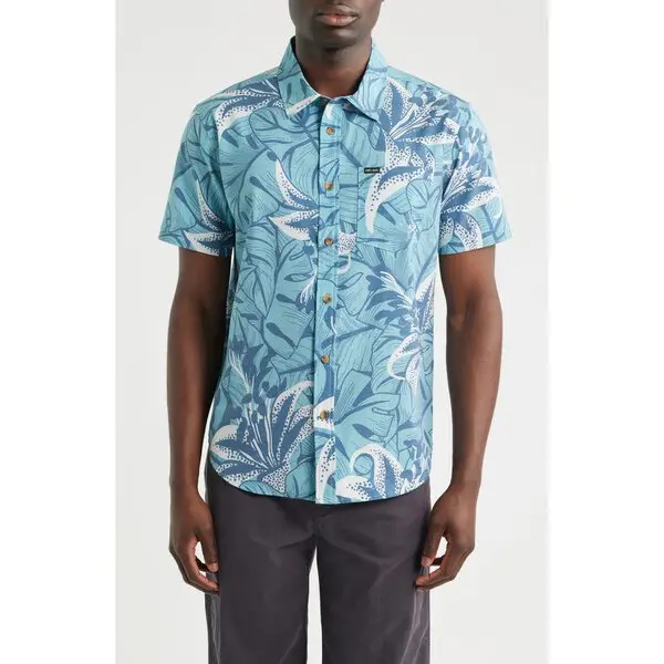 DARK SEAS Webster Floral Short Sleeve Cotton Buttion-up Shirt - Blue