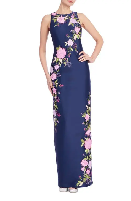 Badgley Mischka Floral Embroidered Column Gown - Navy