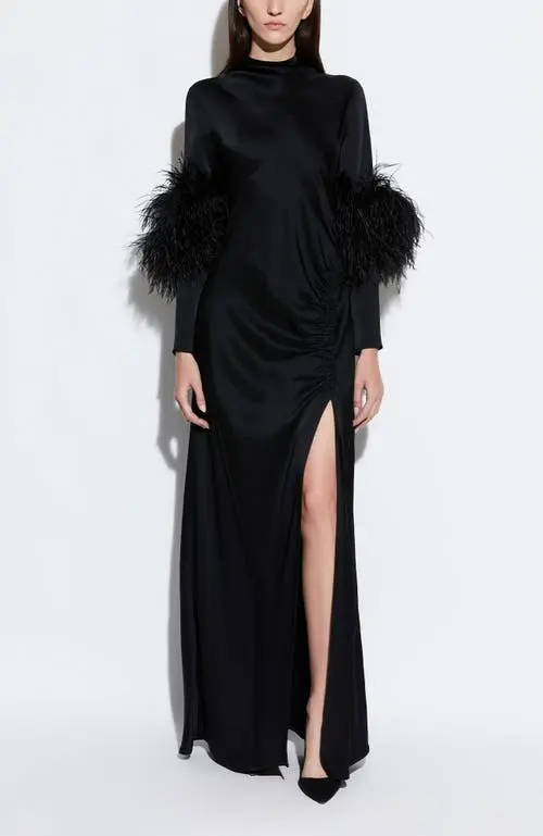 Lapointe Satin Tab Gown With Feathered Sleeves - Black