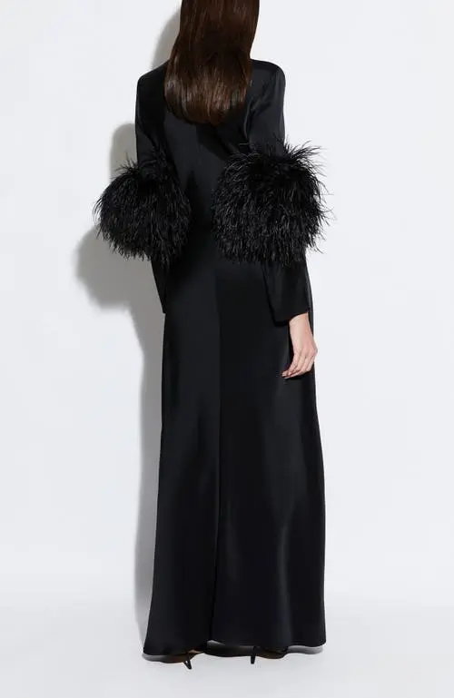 Lapointe Satin Tab Gown With Feathered Sleeves